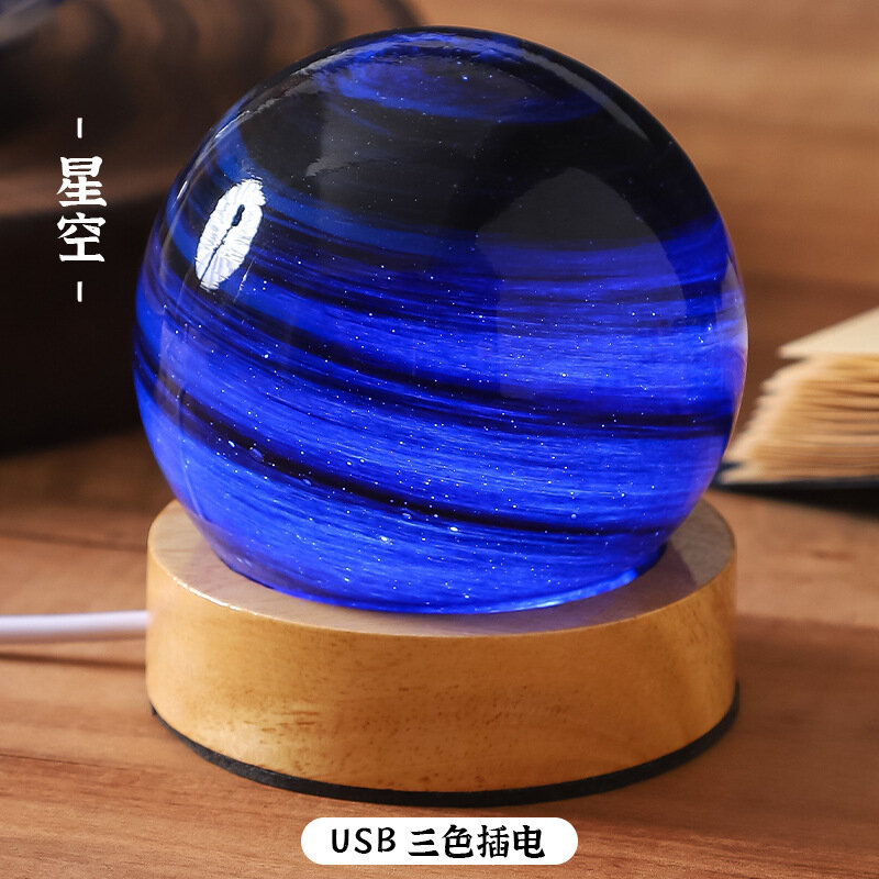 Встроенный светильник-ночник "Звездное небо" с абажуром Planet Lampshade на деревянной основе, аккумуляторный ночник Type-C, подарочный светильник Aurora Glass