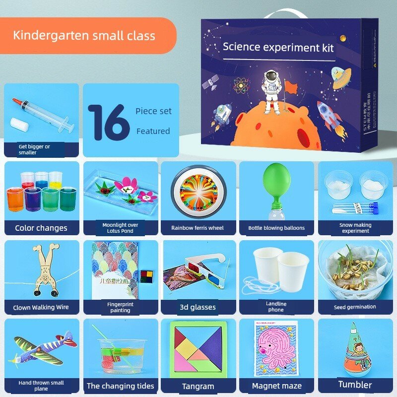 Набор научных экспериментов для младшей группы детского сада, 16 предметов с материалами, инструкциями, видеоуроками и