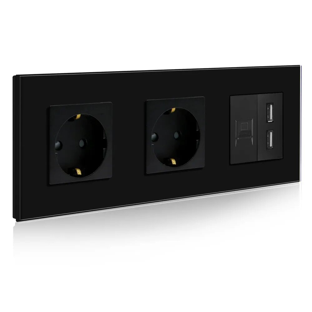 Розетка с комп RJ-45 / 2USB, интернет CAT5+2USB+2розетка, рамка стекло Черная