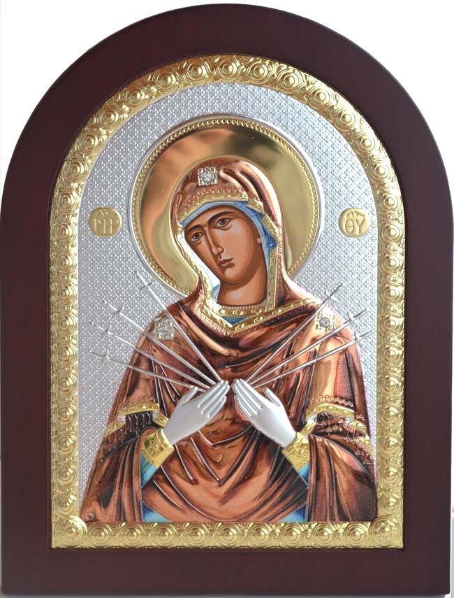 Семистрельная икона Божьей Матери в серебряном окладе.