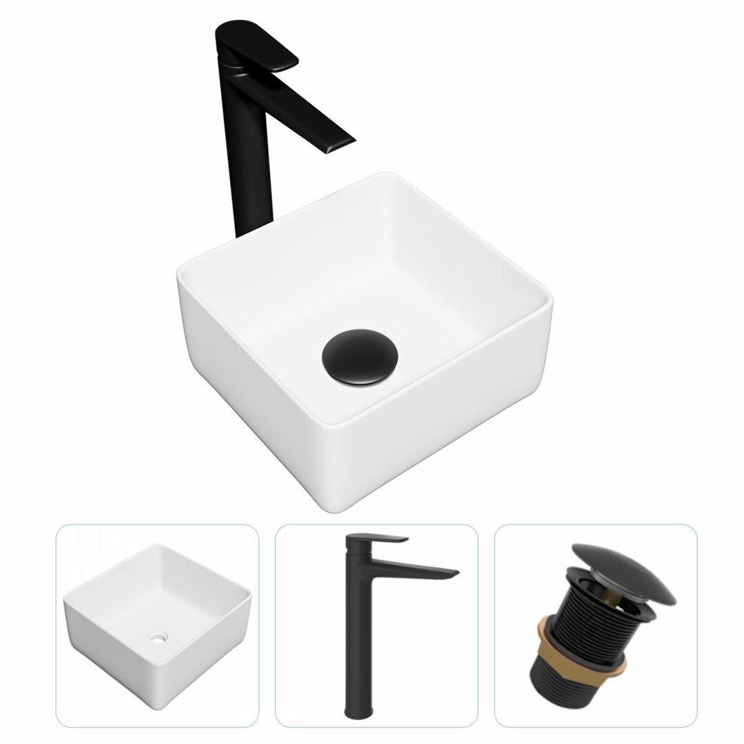 Раковина накладная для ванной Teymi Helmi Mini 24 в комплекте смеситель высокий черный матовый и донный клапан клик-клак без перелива черный F07851