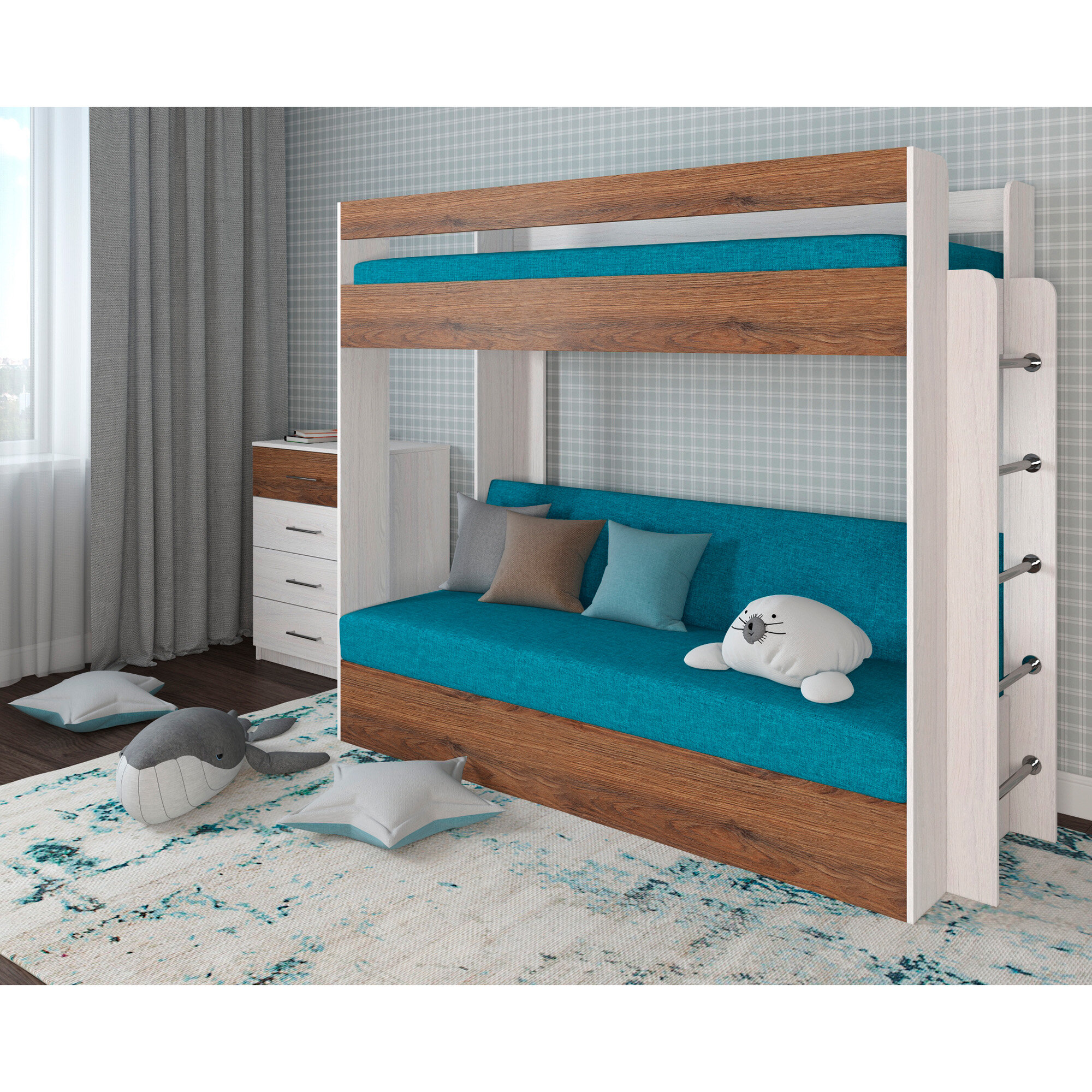 Кровать двухъярусная с диваном Есэндвич new Лаворо (Анкор Белый/Дуб Аризона/Savana Plus Lagoon)