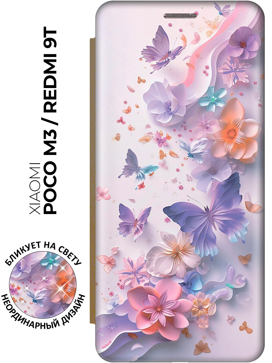 Чехол-книжка на Xiaomi Redmi 9T / Poco M3 с принтом "Фиолетовые бабочки и бумажные цветы" золотой
