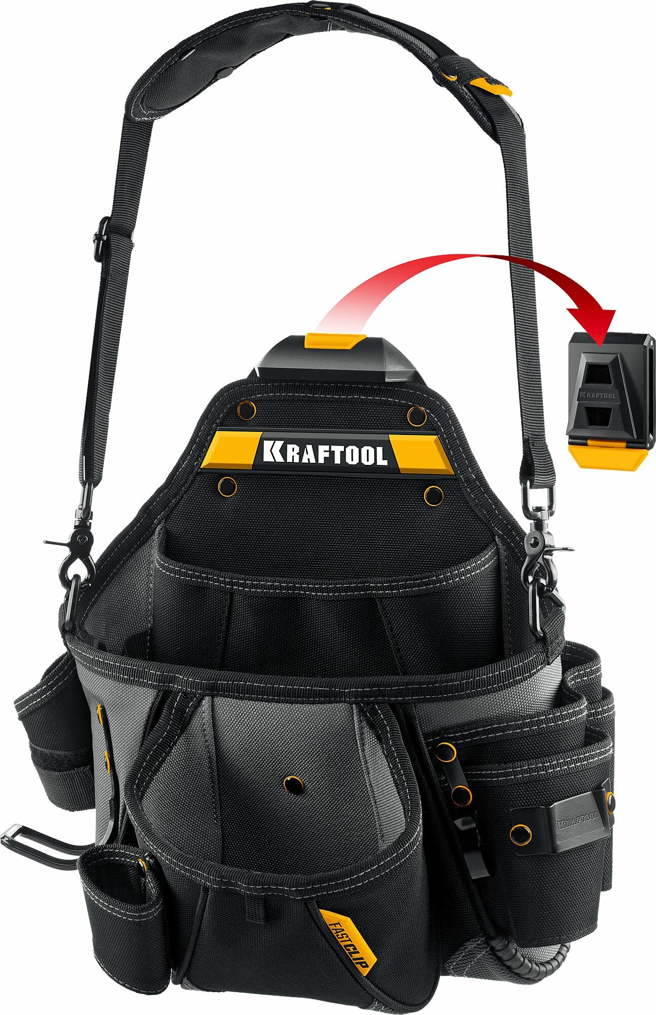 Поясная сумка KRAFTOOL KPB-20 с быстросъёмным креплением FastClip, плечевой ремень, 20 карманов и петель, 320 х 310 мм (38767)