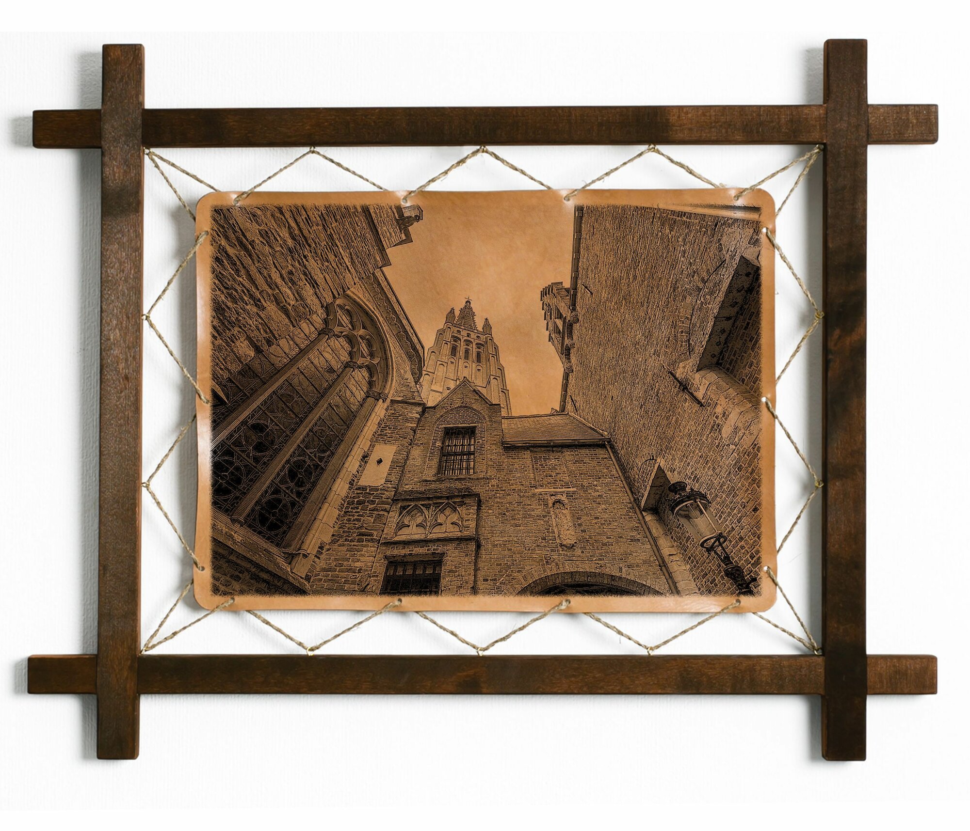 Интерьерная картина из натуральной кожи "Церковь Богоматери, Брюгге", декоративное настенное панно в деревянной раме, BoomGift