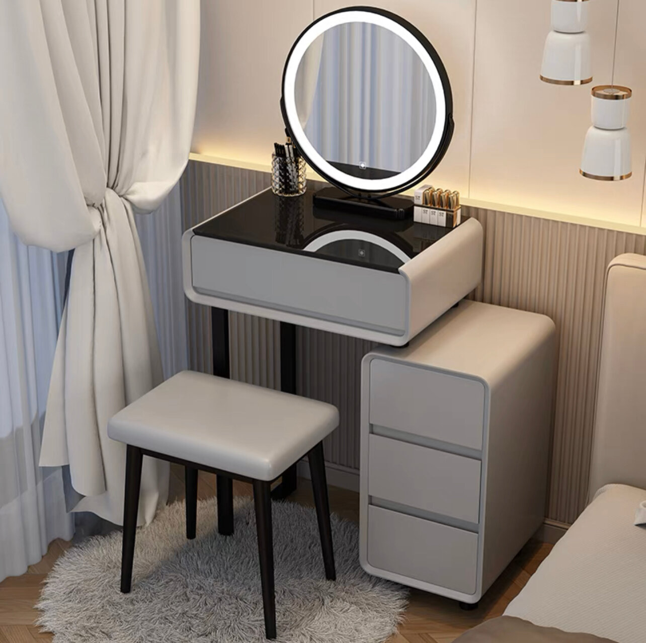 Туалетный столик Leah (Комплект серый стол 50 см / черное зеркало / форма зеркала на выбор / столешница стекло / стул)
