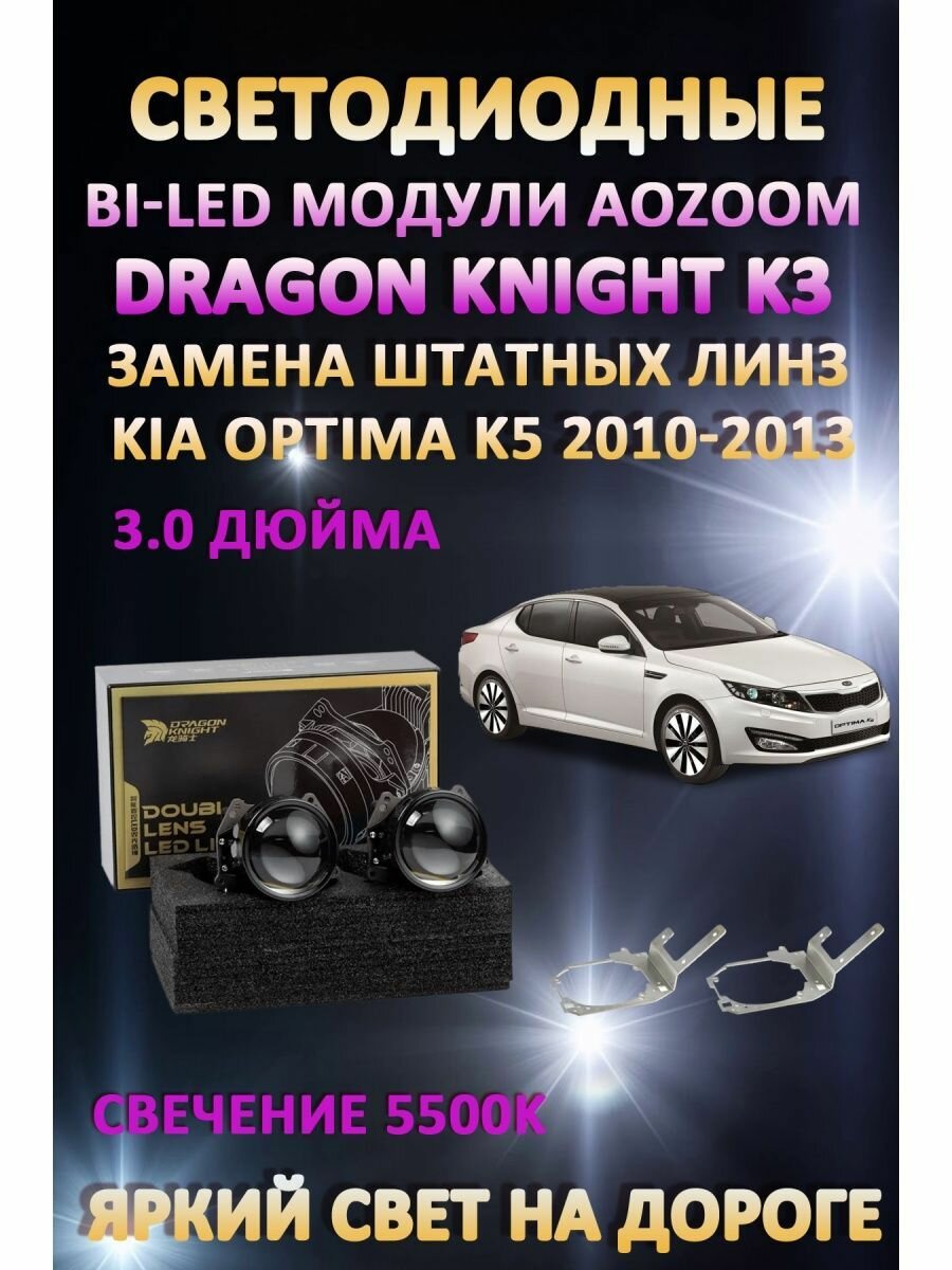 Светодиодные линзы BiLED Dragon Knight K3 для Kia Optima K5 2010-2013 с двумя линзами в фаре с переходными рамками