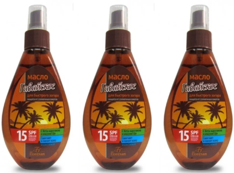 Масло для быстрого загара Floresan Пальмовый рай Гавайское, SPF 15, 160 мл, 3 шт