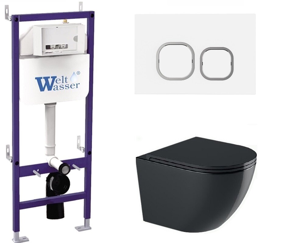 Унитаз подвесной WeltWasser BAMBERG 460+MERZBACH 043 GL-BL+BAMBERG WT черный глянцевый, безободковый, с крышкой микролифт, слив-торнадо, с инсталляцией и белой кнопкой