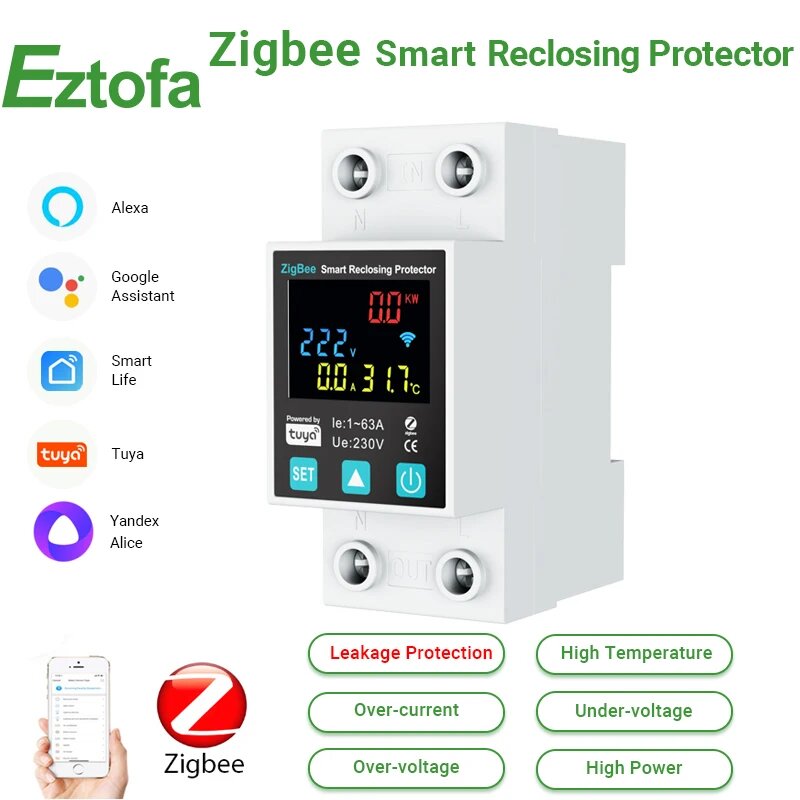 SmartLife TUYA ZigBee 2P/63A Автоматический выключатель Утечка на землю Защита от пониженного напряжения Реле Выключатель Энергии счетчик кВтч