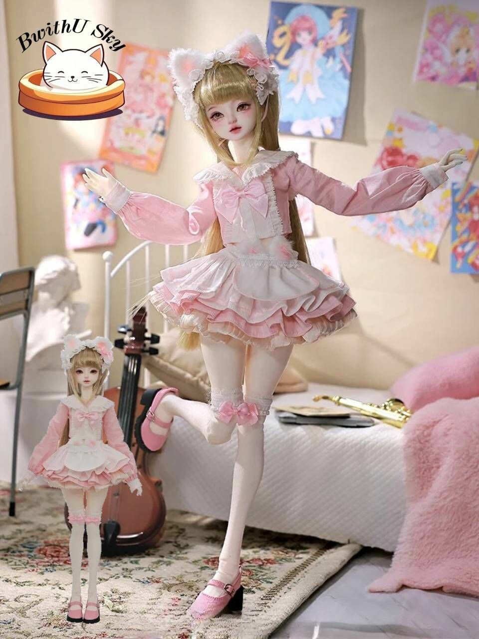 BwithU 1/4 Liano Bjd 1/4 Шарнирная кукла в стиле кампуса "Мяу-Мэйд" для девочек с шариковыми шарнирами