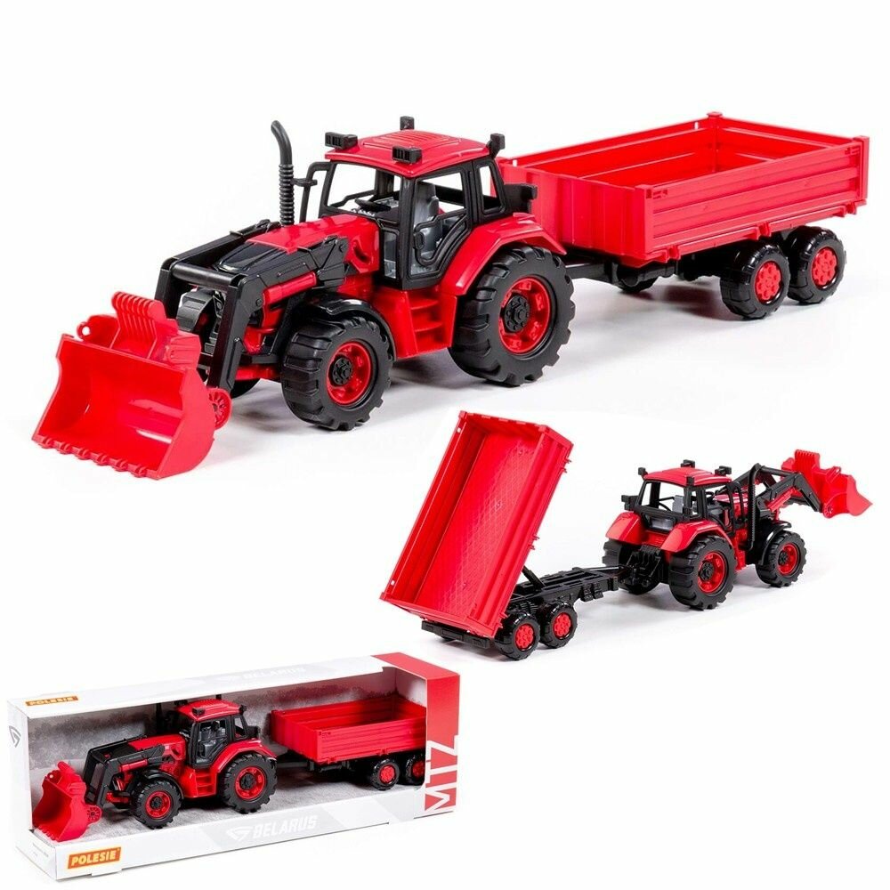 Трактор Полесье Belarus, с погрузчиком и бортовым прицепом, пластик, в коробке инерционный (91871)