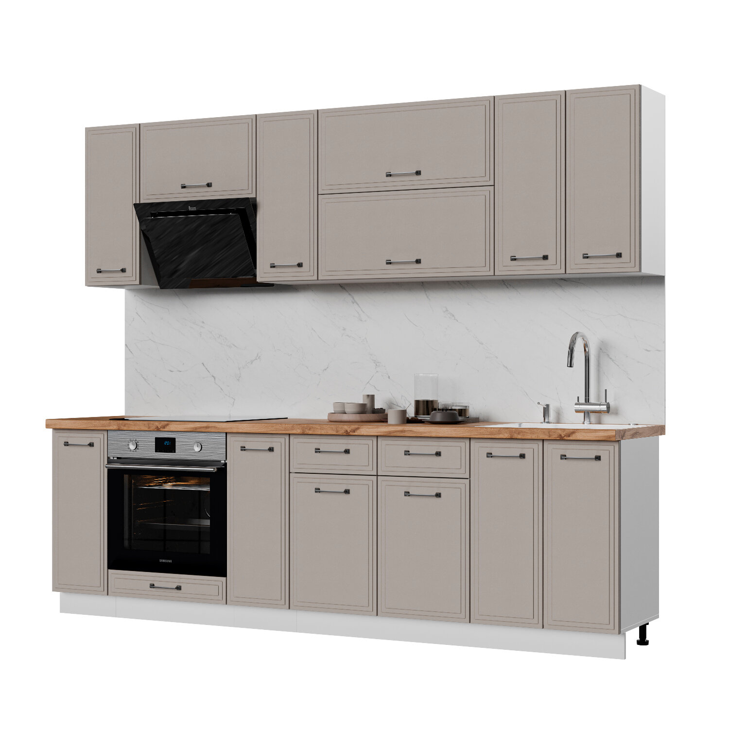 Кухонный гарнитур, столешница Дуб Вотан 26мм, Кухня Индира 260см Белый/Дюна