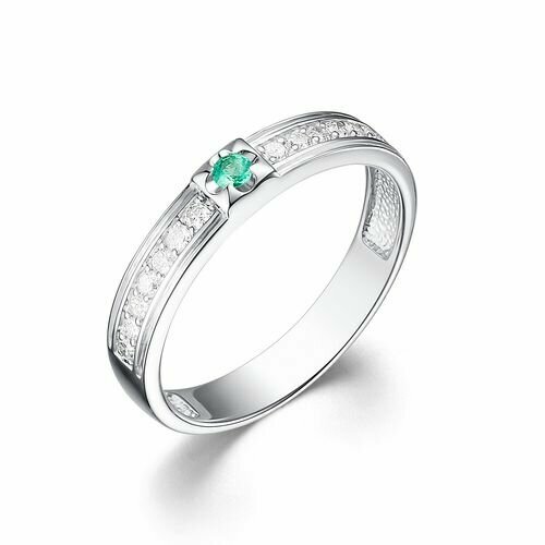 Кольцо обручальное, белое золото, 585 проба, изумруд, бриллиант