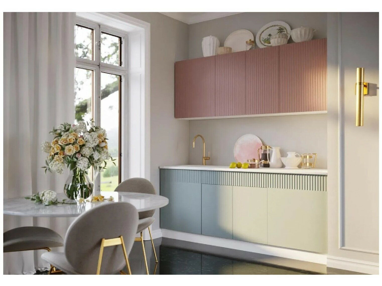 Кухонный гарнитур из МДФ 2000, (Шарли Пинк/Шарли Бриз, Белый)