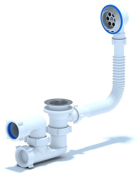 Сифон сливной Анипласт Ани регулируемый для ванны с выпуском и переливом, из пластика и нержавеющей стали, белый, 50мм, 1.1/2дюйм / сантехника