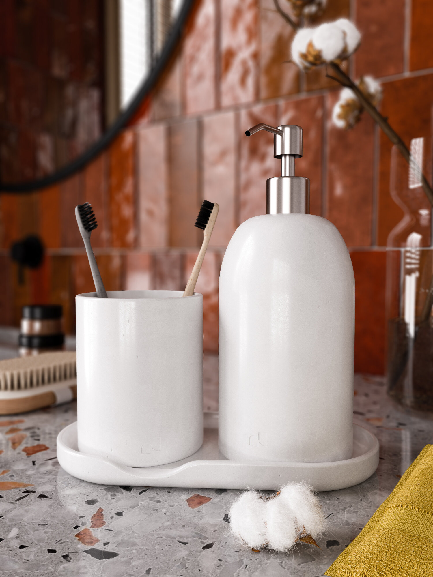 Набор аксессуаров для ванной комнаты "Bordeaux", белый глянцевый: дозатор 500 мл, стакан под зубные щетки, подставка.