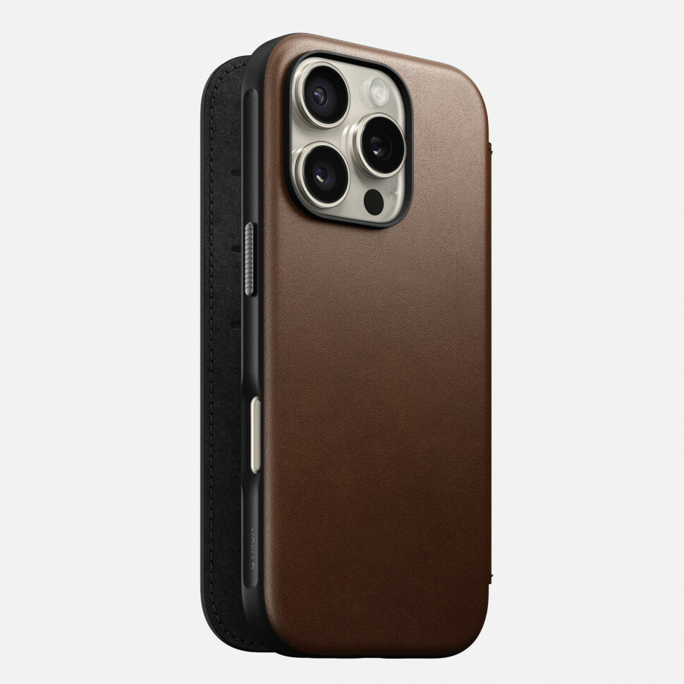 Кожаный чехол-книжка Nomad Modern Leather Folio с MagSafe для iPhone 16 Pro коричневый (Brown)