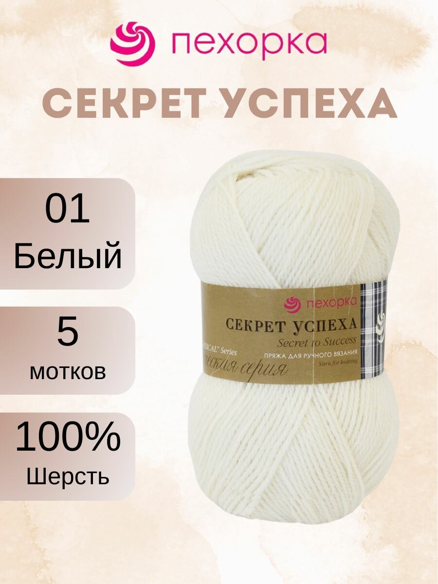 Пряжа Пехорка Секрет успеха 01 белый (100г/250м, упаковка 5 мотков)