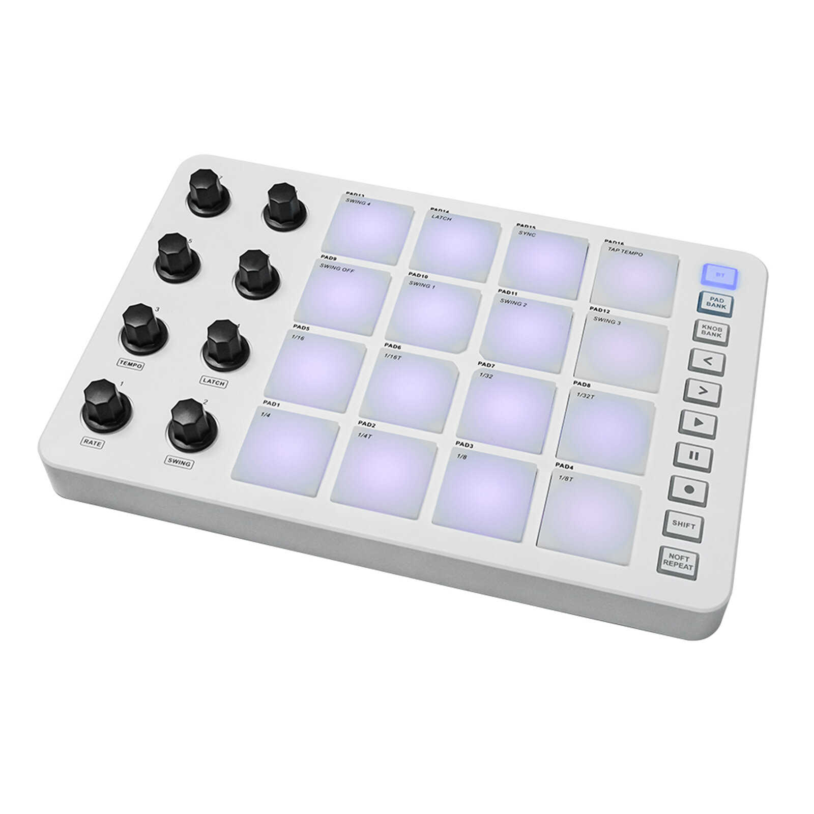 MIDI Controller Strike Pad RGB Backlight MIDI Keyboard BT Connection Low Latency 3.5mm Output Interface with 16 Strike Pads 8 Assignable Knobs Note Repeat Portable MIDI Pad USB Interface Type-C Material Plastic Battery 2000mah MIDI Output Interface 3.5mm