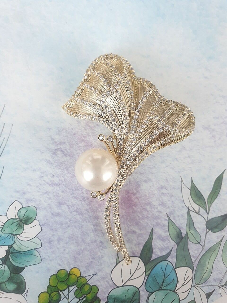 Брошь, фианит, жемчуг культивированный
