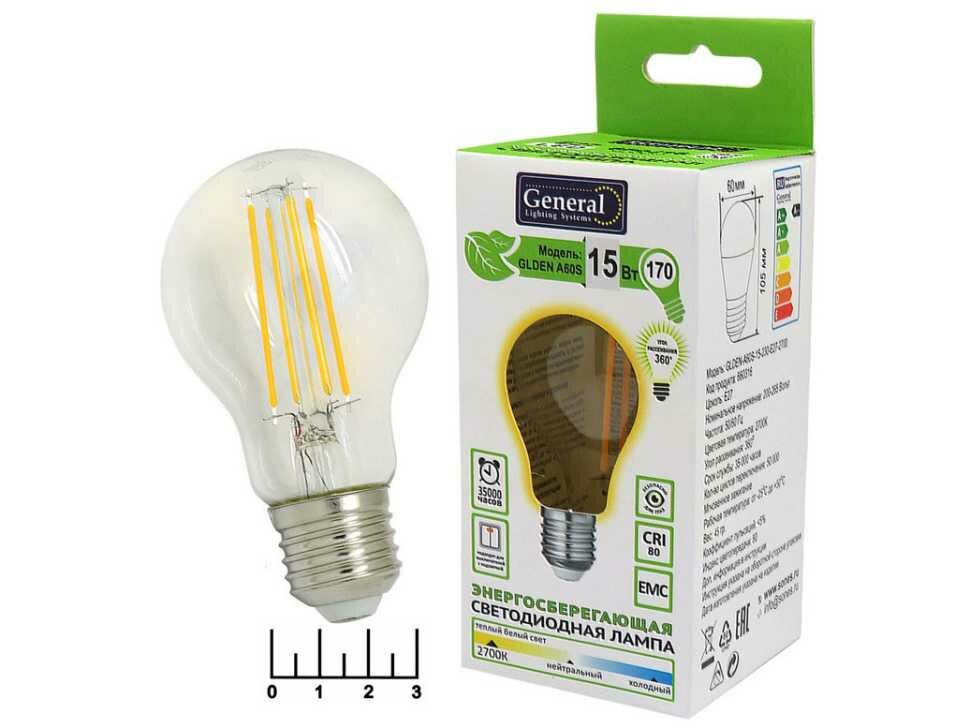 Лампа светодиодная 220V 15W E27 2700K белый теплый A60 прозрачн. филаментная General (60*105) 660316