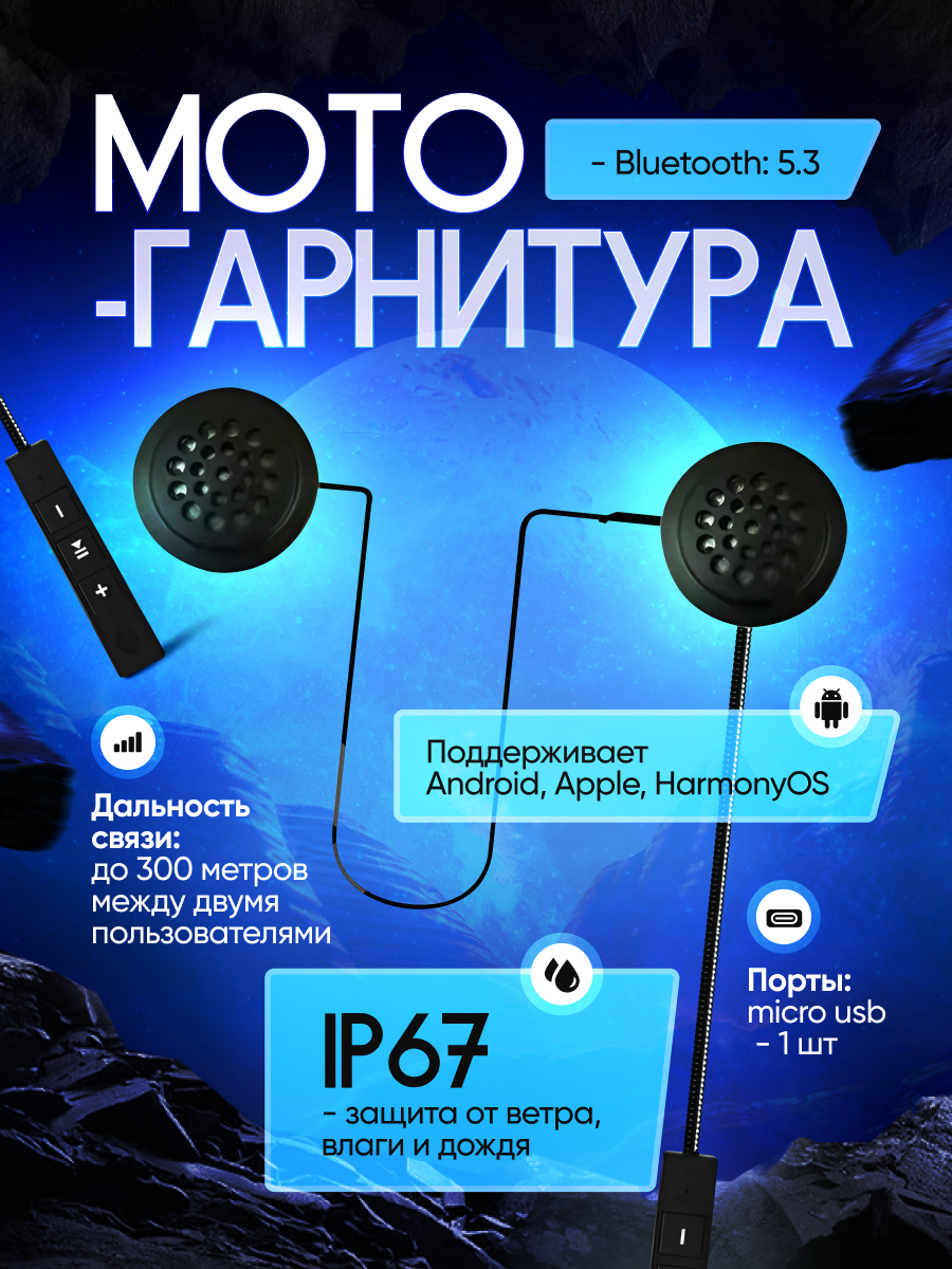 Мотогарнитура S3 BT11, Bluetooth 5.3, дальность связи 300 м, черная