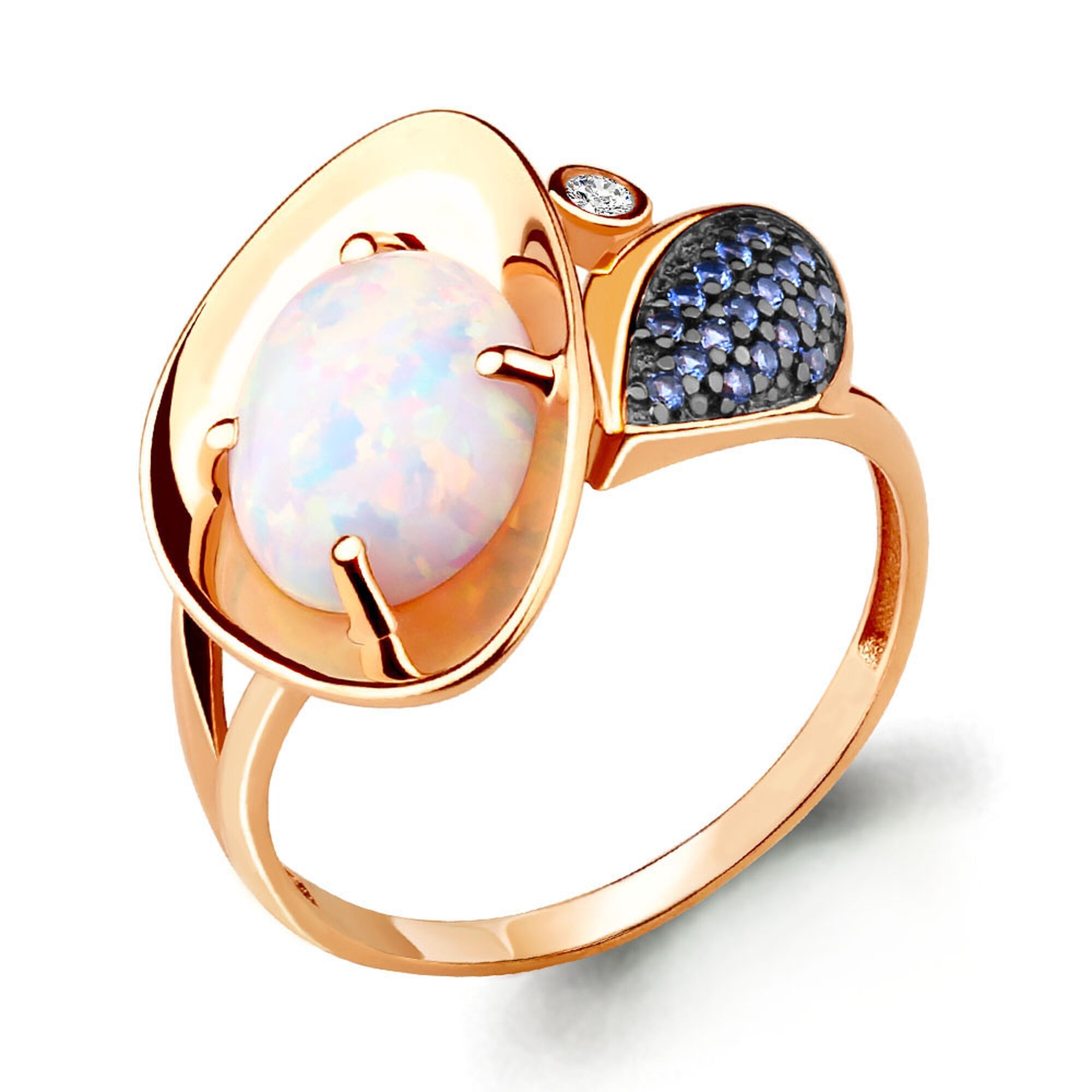 Кольцо, серебро, 925 проба, золочение, сапфир синтетический, опал, фианит