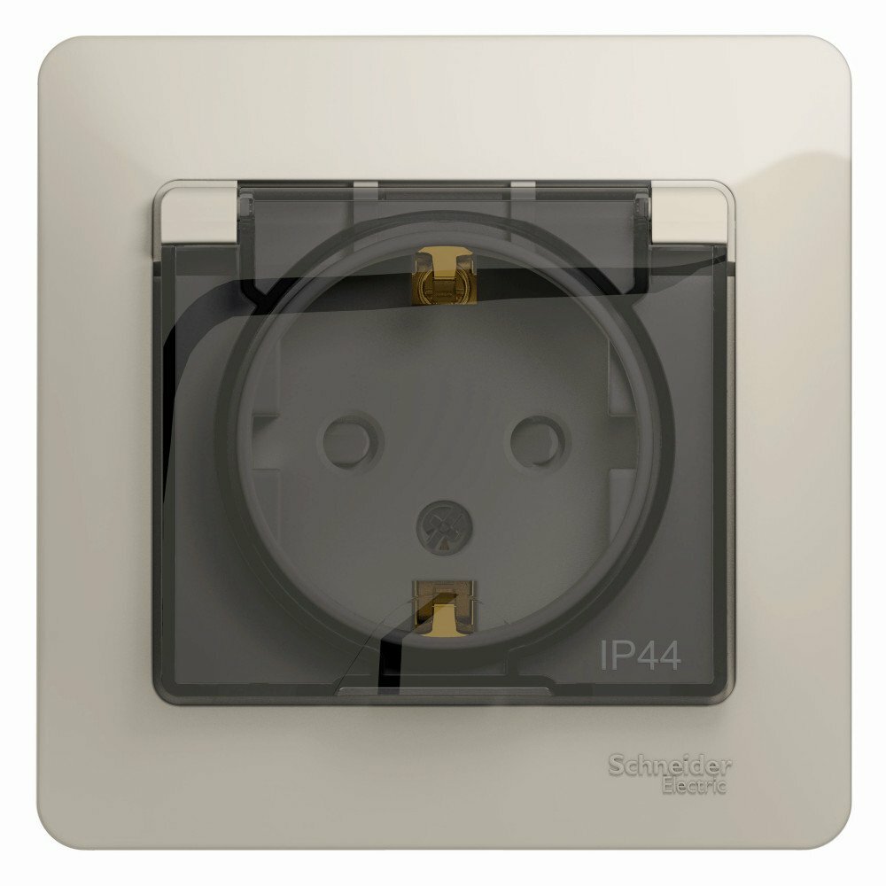 Glossa Молочный Розетка с заземлением со шторками с крышкой IP44 (в сборе), Systeme Electric, GSL000948