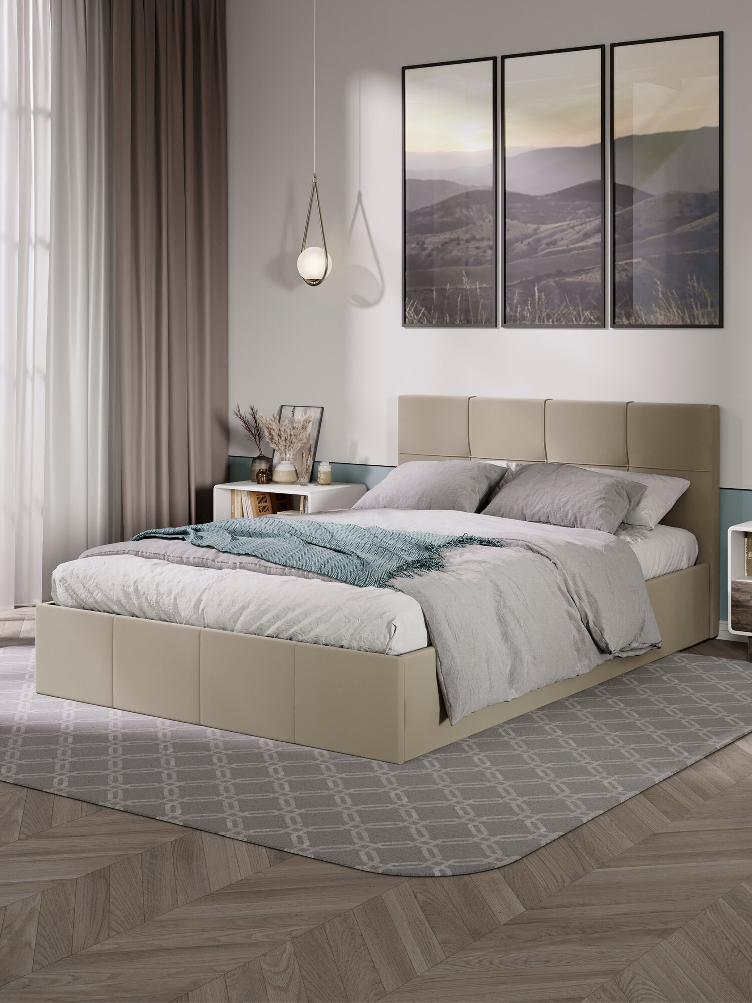 Кровать Лора Мебель Трия с мягкой обивкой и заглушиной (1400) с ПМ Велюр Confetti Cream