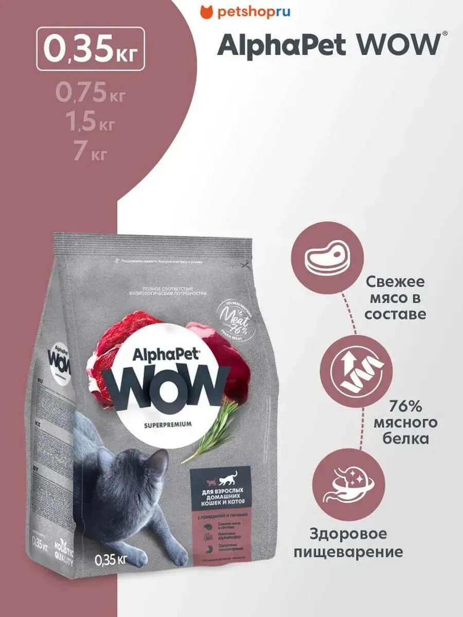 AlphaPet WOW Сухой корм c говядиной и печенью для кошек, 0,35 кг
