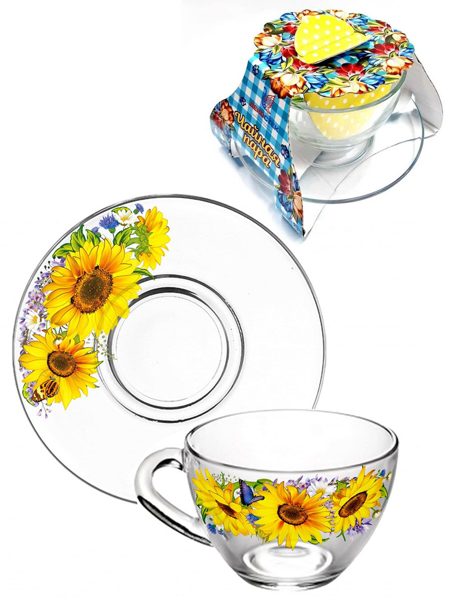 Чайная пара Гусь-хрустальный стеклянная 200 мл, Подсолнухи, подарочная упаковка