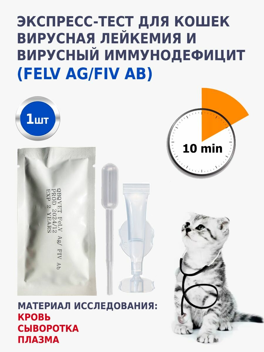 Экспресс-тест QBQVET Вирусная Лейкемия/ Вирусный Иммунодефицит FeLV Ag/FIV Ab, 1шт