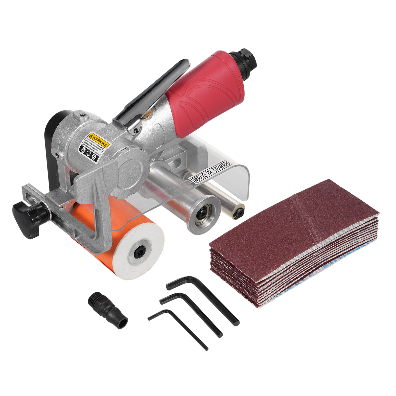Пневматическая лентая шлифмашина Air Belt Sander с 11 штуками шлифовальных лент 60 x 260 мм, ролик 60*50 мм, скорость 7000rpm, рабочее давление 0.6-0.8Mpa, подвод воздуха 1/4 дюйм, материал металл, размер 20*12*11 см, вес 1354г, для дерева и металла