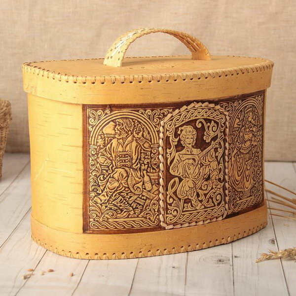 Хлебница "Скоморохи", на шарнирах, с ручкой, 23x27x20 см, береста