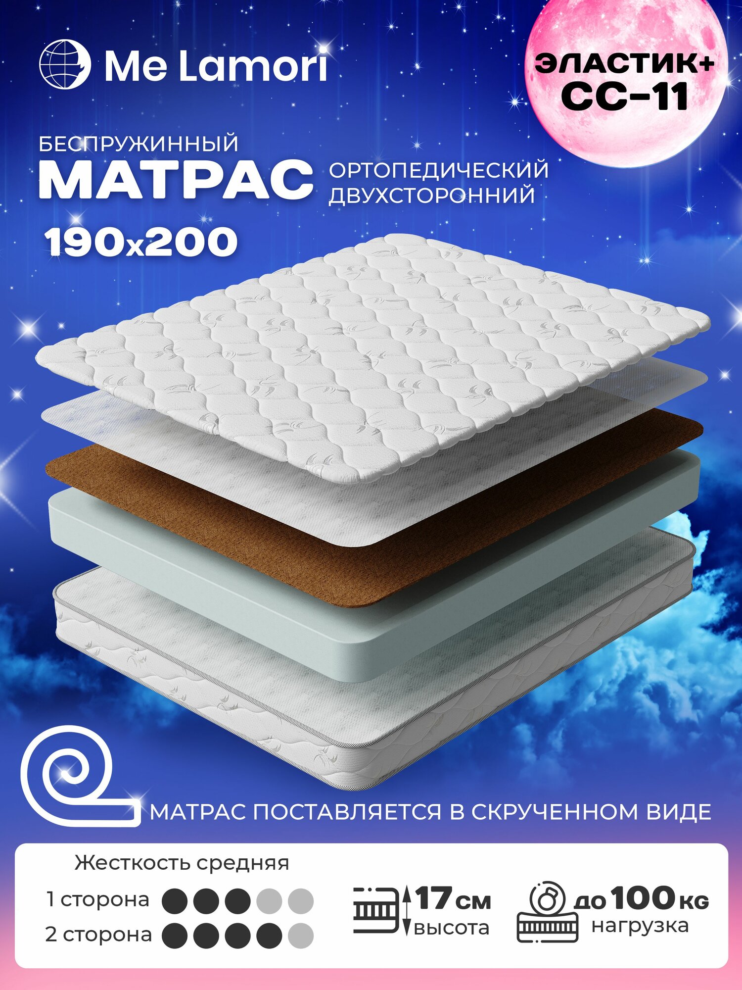 Матрас MeLamori Эластик + 190x200 классический, беспружинный, разносторонний, высота 17 см, в рулоне