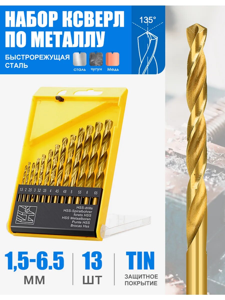Набор металлических сверл HSS, высокоскоростные спиральные сверла, 1,5–6,5 мм, 13 шт.