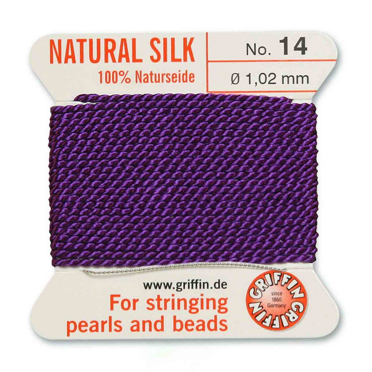Нить шелковая, Griffin No.14 (1.02мм), фиолетовая, с иглой, моток, 2 метра