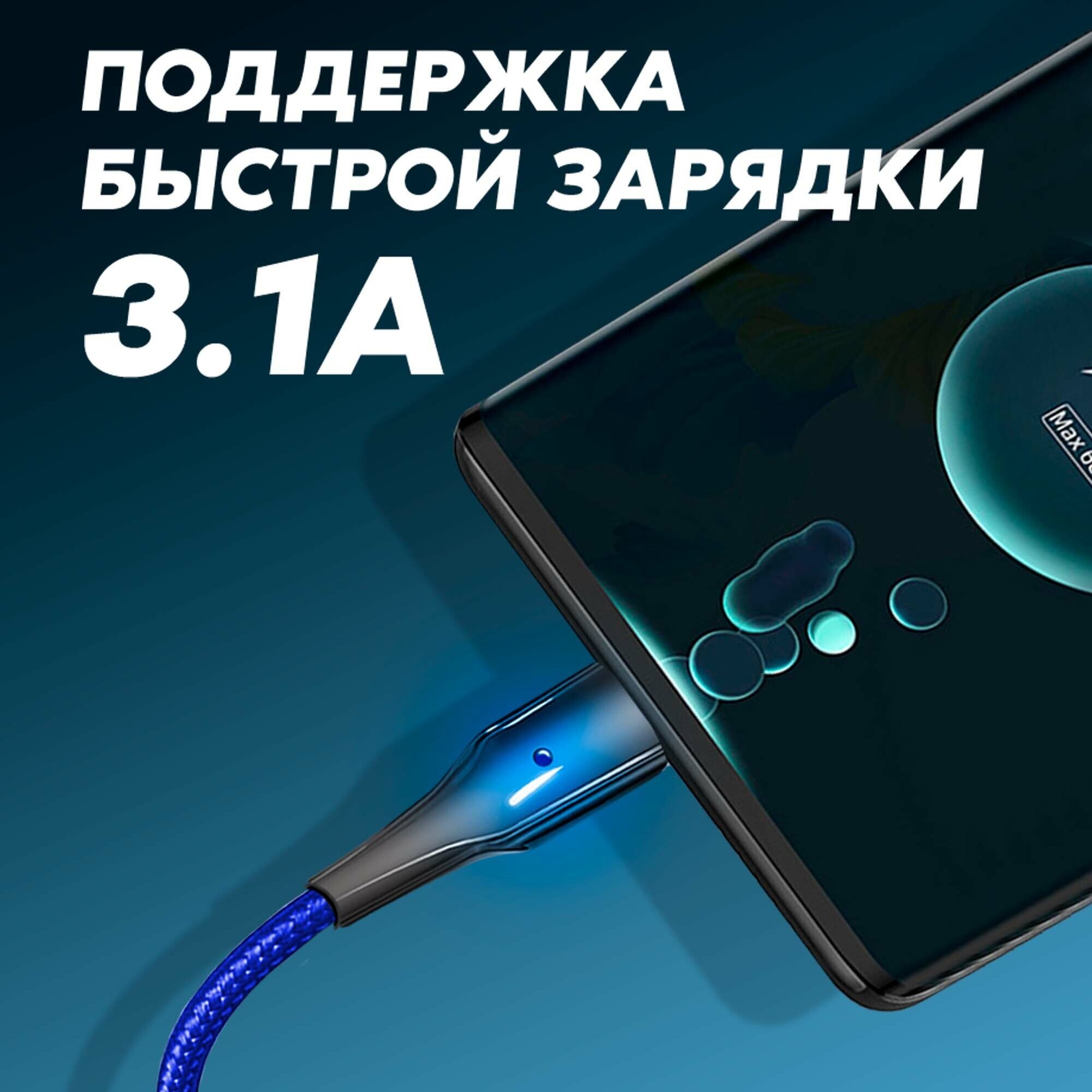 Кабель с быстрой зарядкой USB - Lightning, 3.1А индикатор передача данных, провод iphone, шнур айфон для зарядки, синий