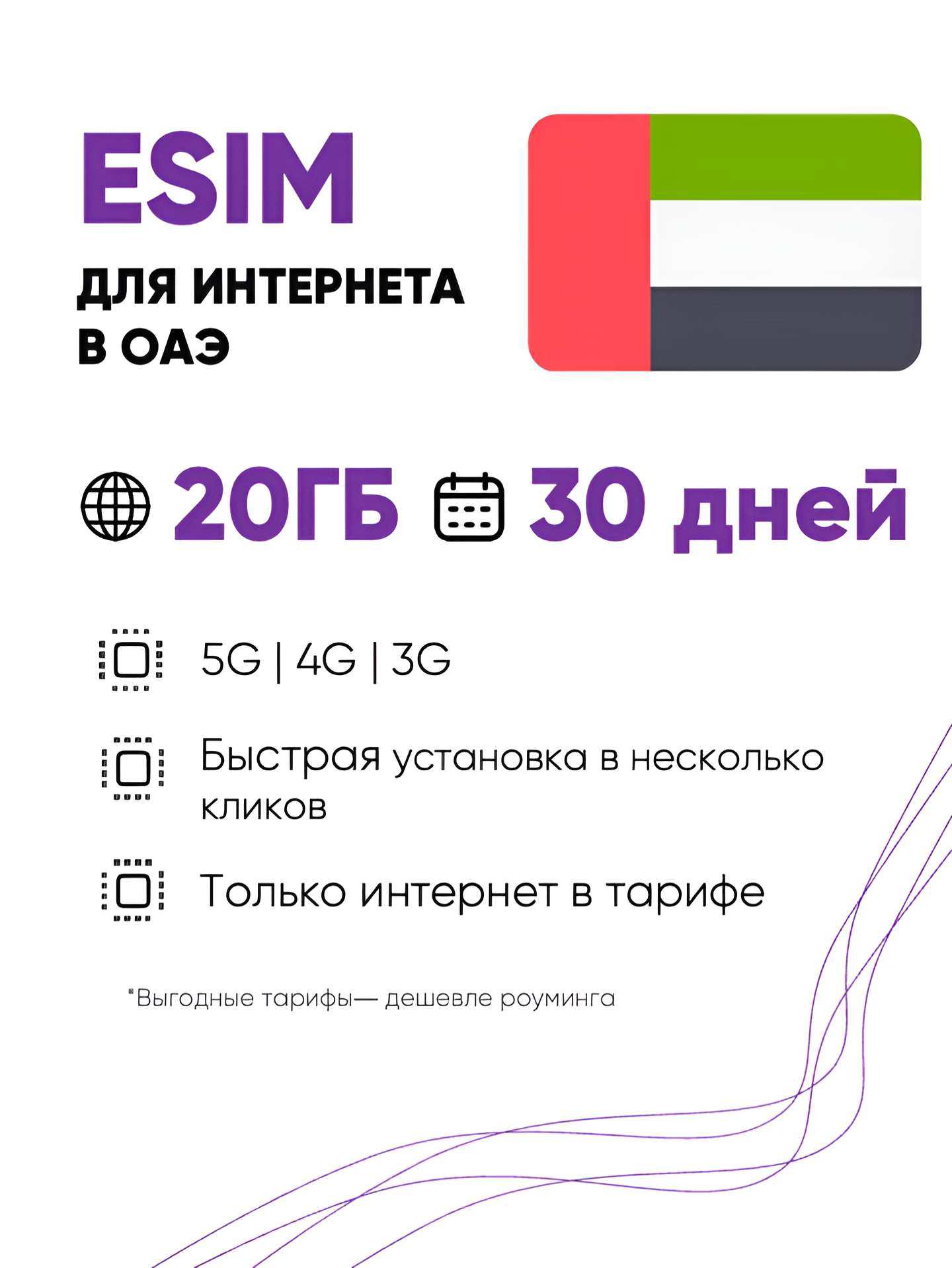 ESIM для интернета для ОАЭ 20 ГБ на 30 дней. Виртуальная сим-карта для ОАЭ