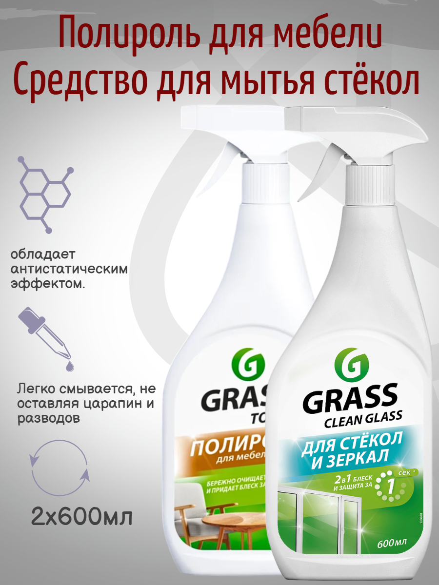 Grass Torus Очиститель-полироль для мебели, Средство для мытья стёкол и зеркал 2x600мл