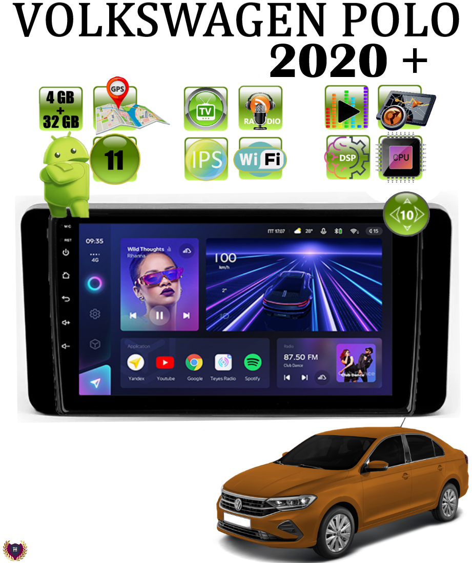 Автомагнитола для Volkswagen Polo 6/Фольксваген Поло (2020+), Android 11, 4/32 GB, Bluetooth, WiFi, CarPlay, GPS, поддержка кнопок на руле
