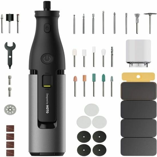 Беспроводная шлифовальная машинка-гравер HOTO 12V Rotary Tool Kit Pro (QWLDM002). Цвет: черный, серый.