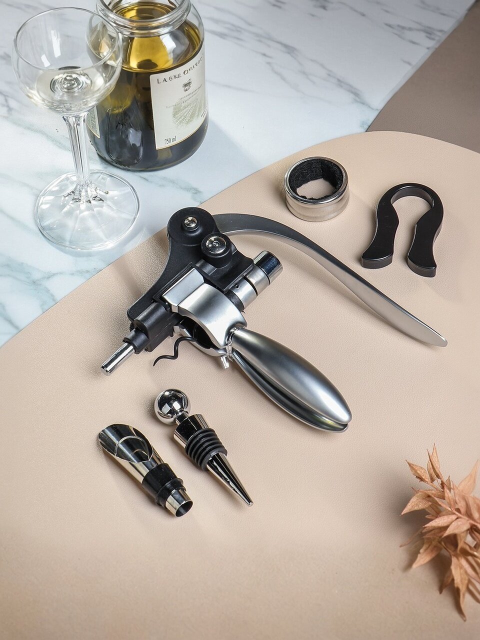 Подарочный винный набор 5 предметов Y4-8846: рычажный штопор, резак фольги, пробка, воронка, кольцо, нержавеющая сталь