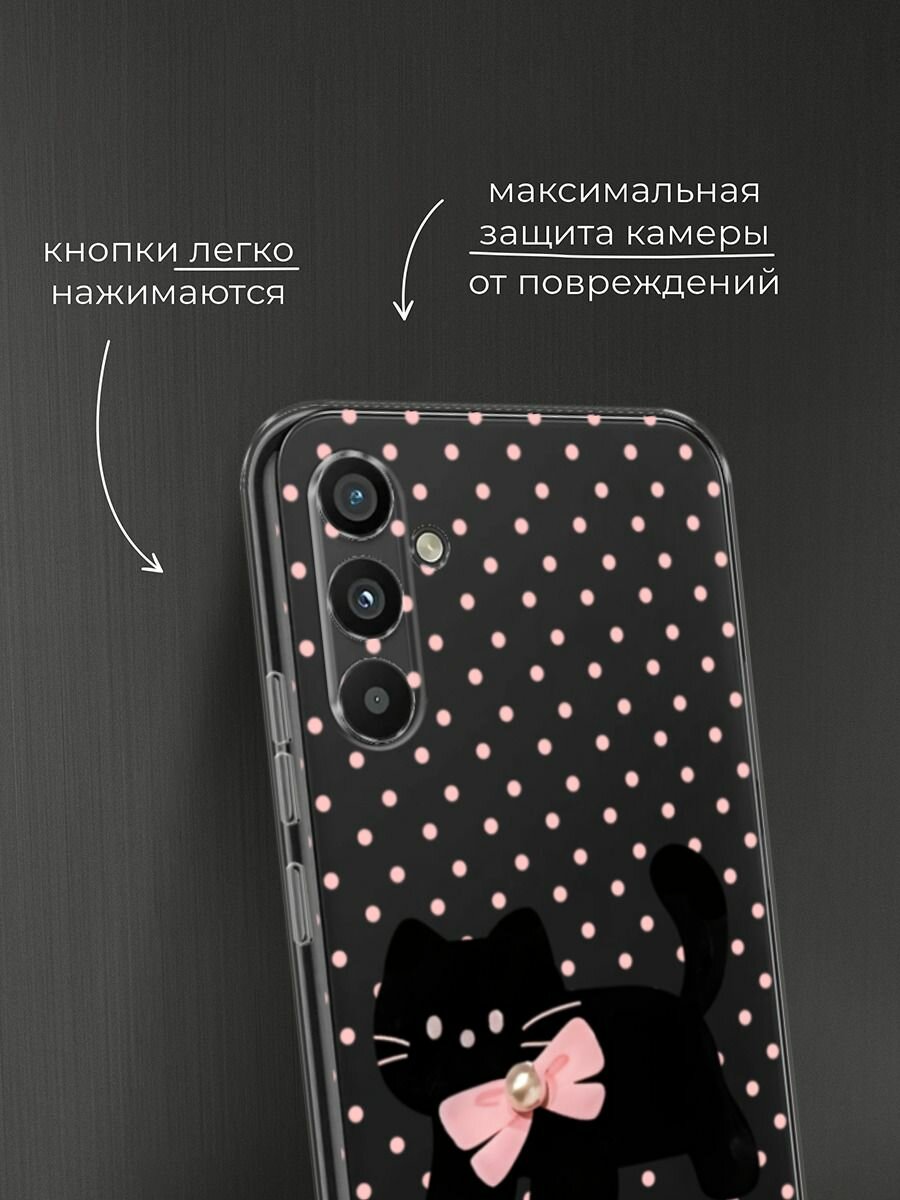 Чехол на Samsung Galaxy A34 / Самсунг A34 с принтом Черный котик с бантом, прозрачный — фото 1