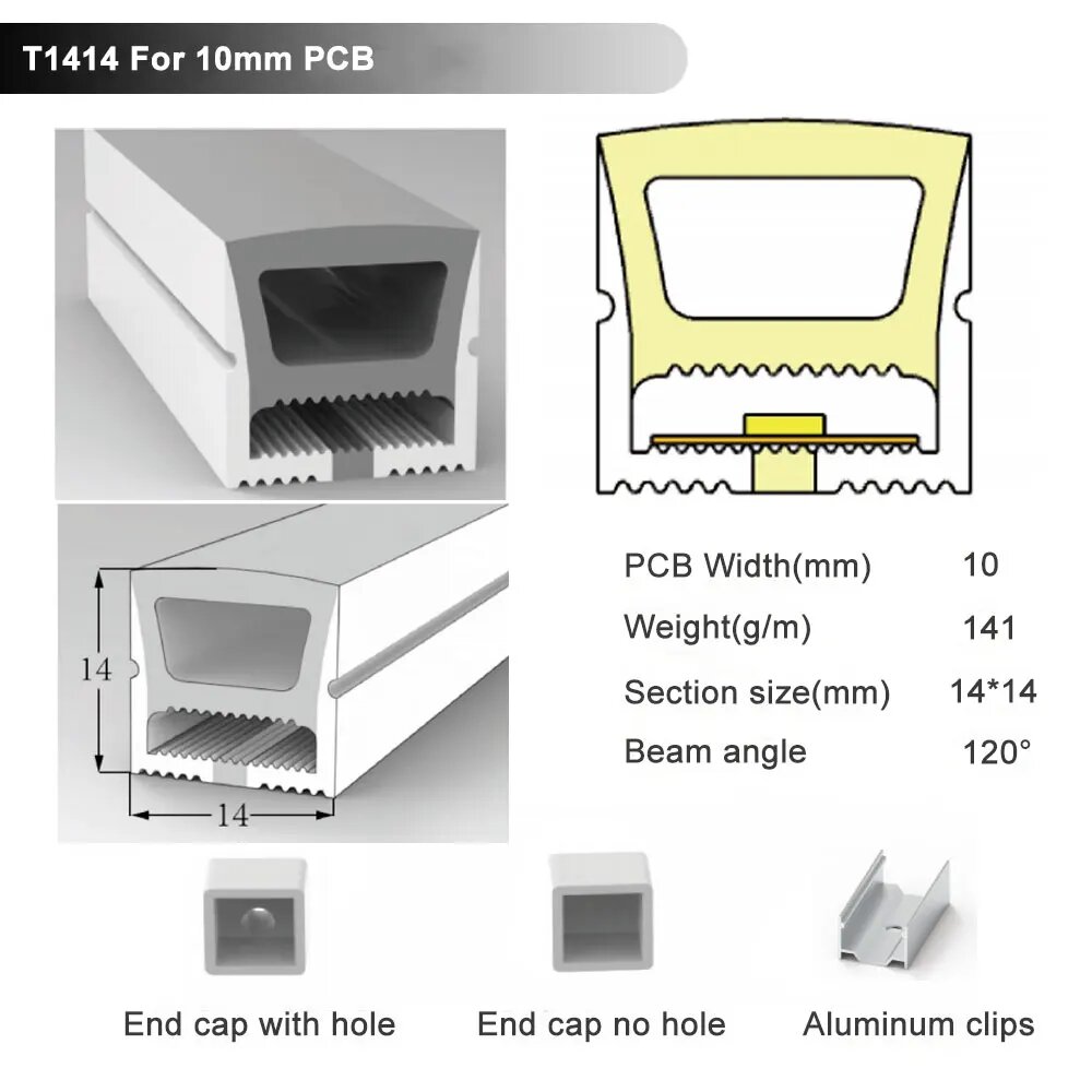 FUNZENXIN Силиконовая гибкая светодиодная трубка RGB Белый, T1414 For 10mm PCB, 4m