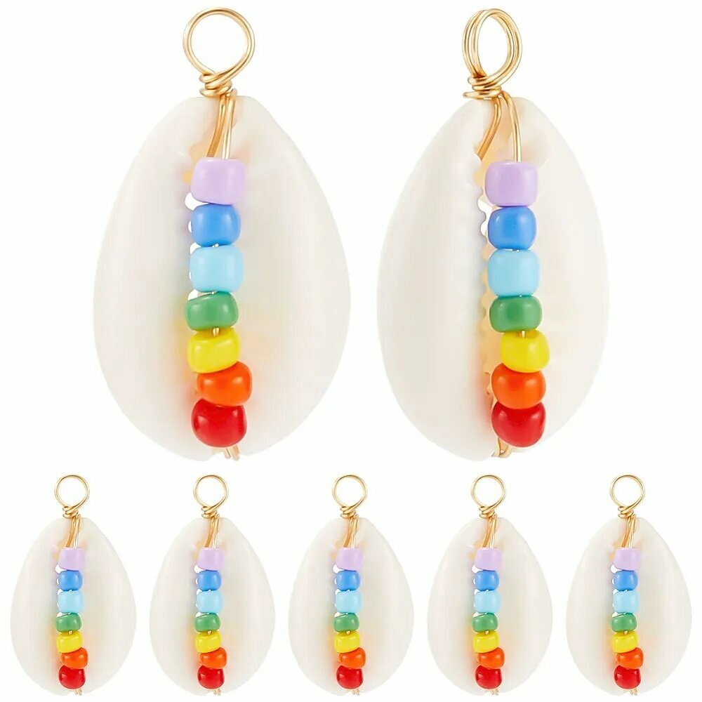 30 шт. подвесок из натуральной ракушки каури, обернутых медной проволокой, в форме ракушки со стеклянными бусинами золотистого цвета