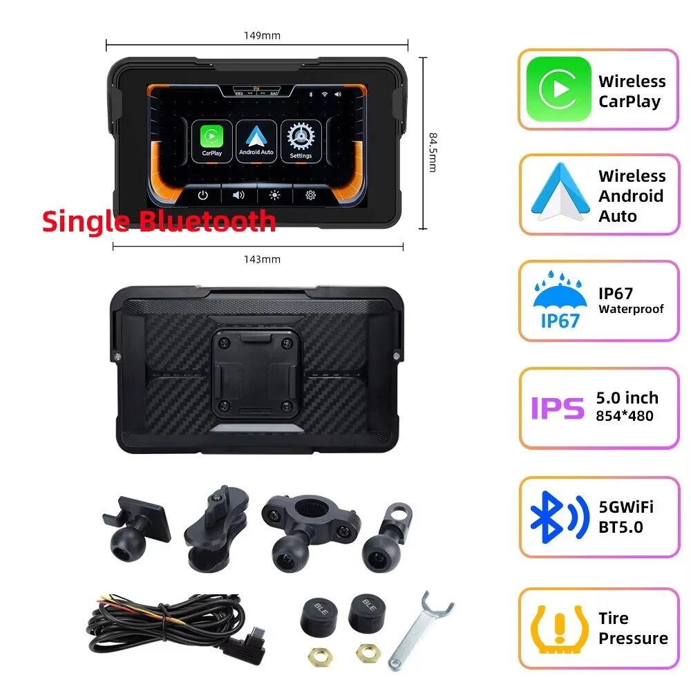 EKIY 5-дюймовый мотоциклетный GPS-навигатор, беспроводной Carplay, Android Auto, IP67, водонепроницаемый экран, одиночный Bluetooth-монитор для мотоцикла Нет, M11A TPMS