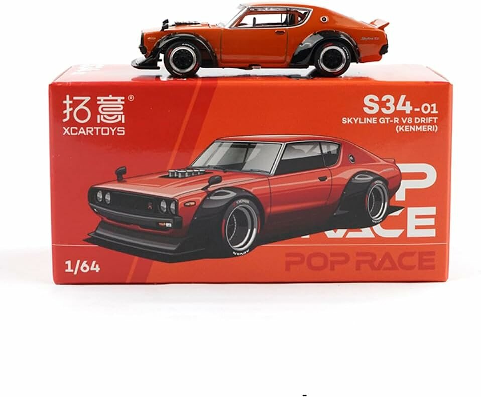POP RACE x Xcartoys Nissan SKYLINE GT-R V8 DRIFT (KENMERI) Orange (S34-01) - коллекционная машинка