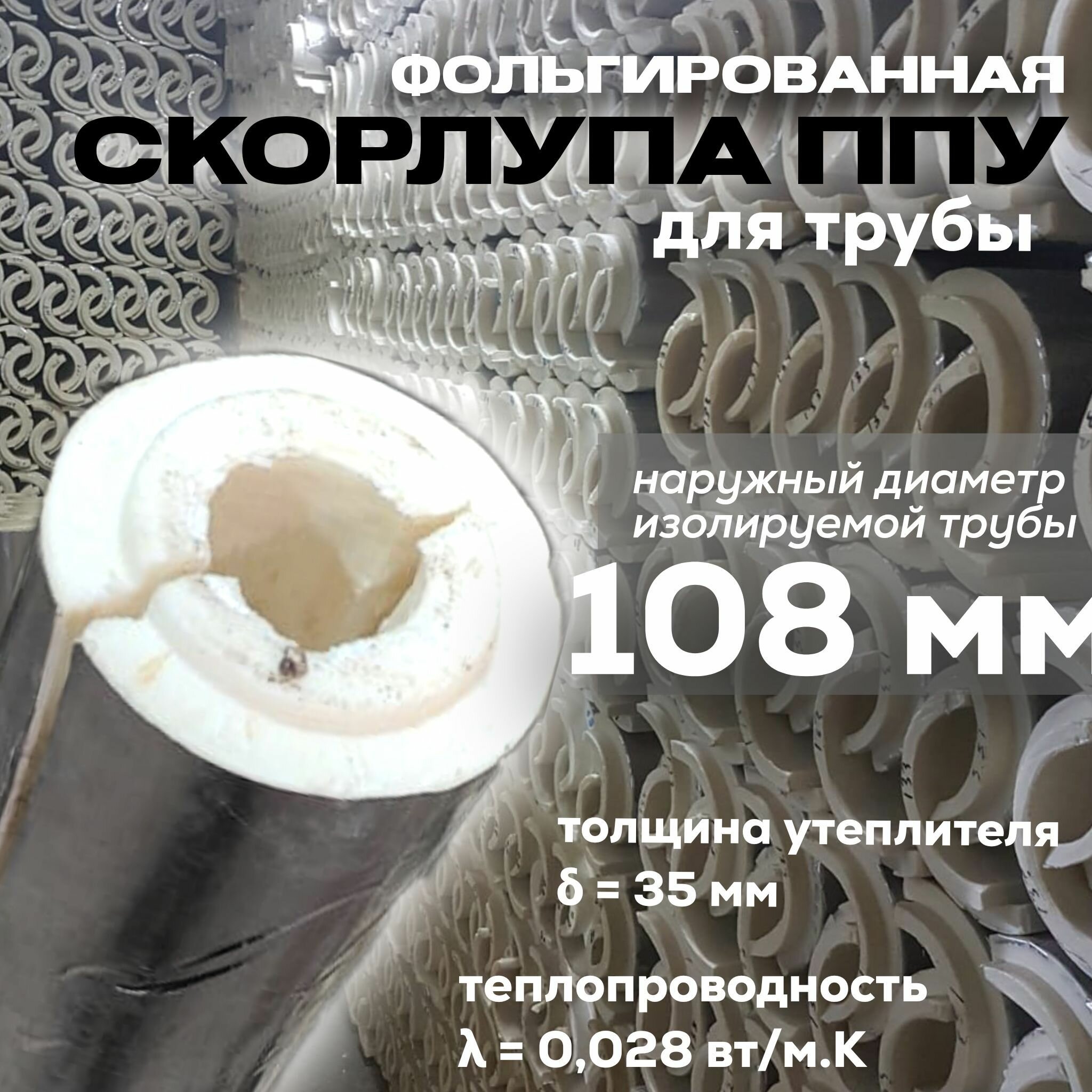 Утеплитель для труб Выбор, фольгированный, скорлупа ППУ, для трубы с внешним диаметром 108 мм